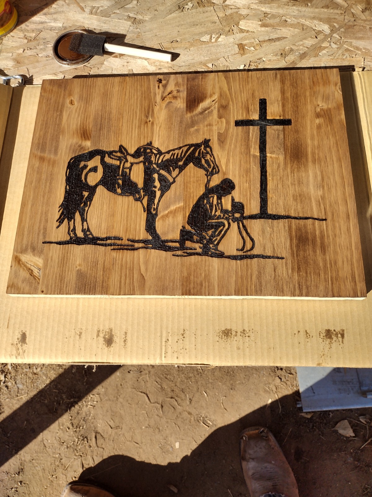Solar Pyrography wood burning praying cowboy western religion horses | eBay