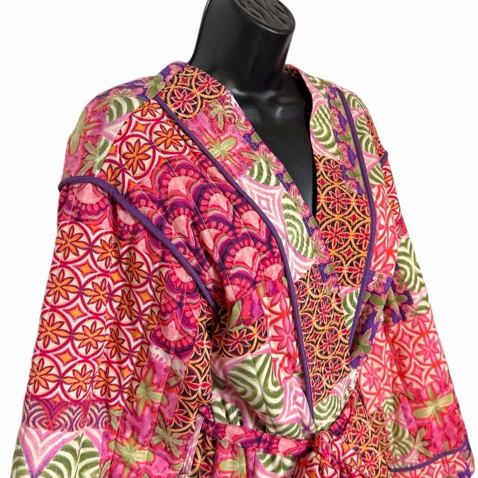 BOHO COTTAGE PATCHWORK QUILTED TOPPER COAT ROBE DUSTER JACKET LONG L ...