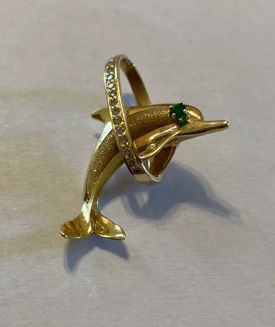 14k Yellow Gold DAVID WELTY Emerald Eye and Diamond Dolphin Pendant ...
