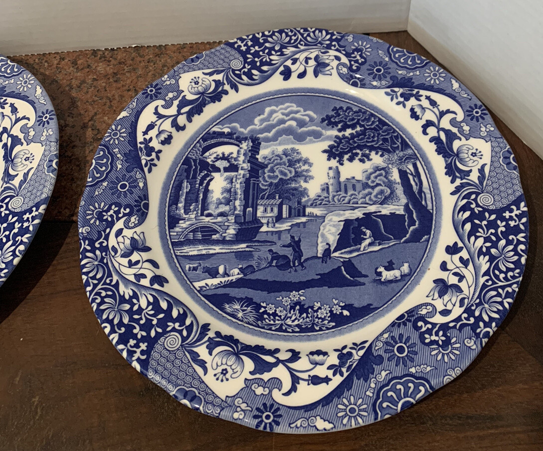 Pair Of Spode Italian c 1816 Blue White Dinner Plates Signed 10.5” EUC ...