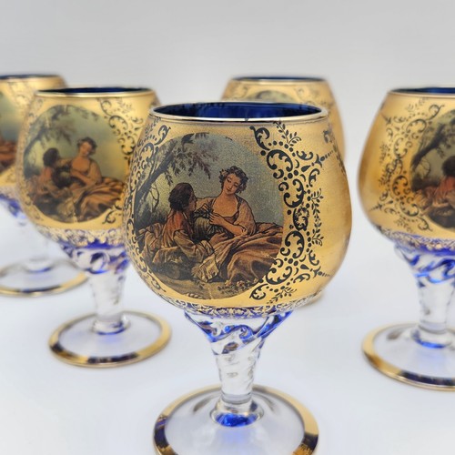 Italian Vintage Courting Cognac Brandy Snifter Six Set Gold Trim Cobalt ...