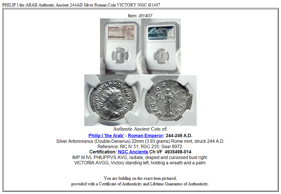 PHILIP I the ARAB Authentic Ancient 244AD Silver Roman Coin VICTORY NGC ...