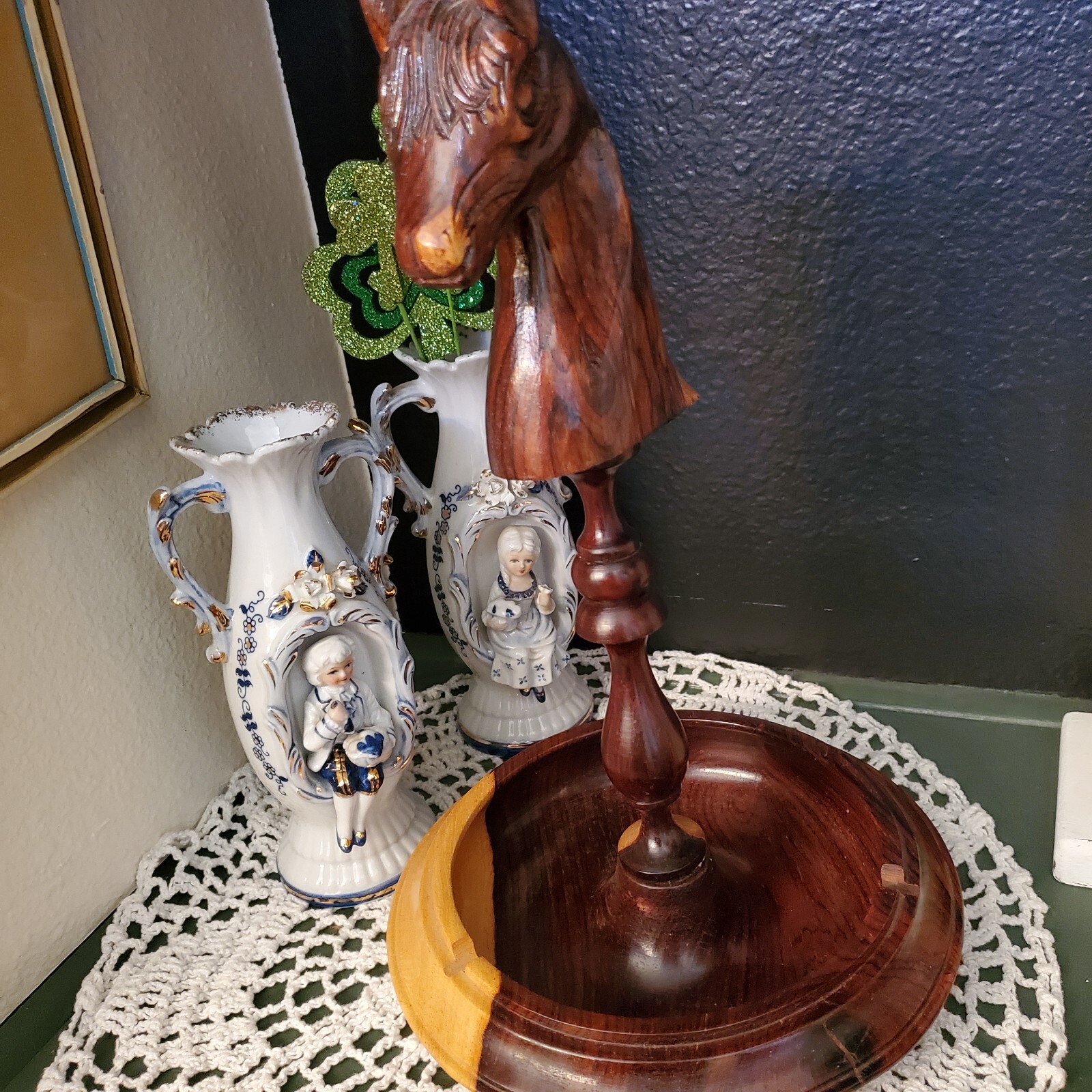 Vtg Estate Equestrian Hand Carved Wooden Horse Head Spindle Ashtray 13 ...