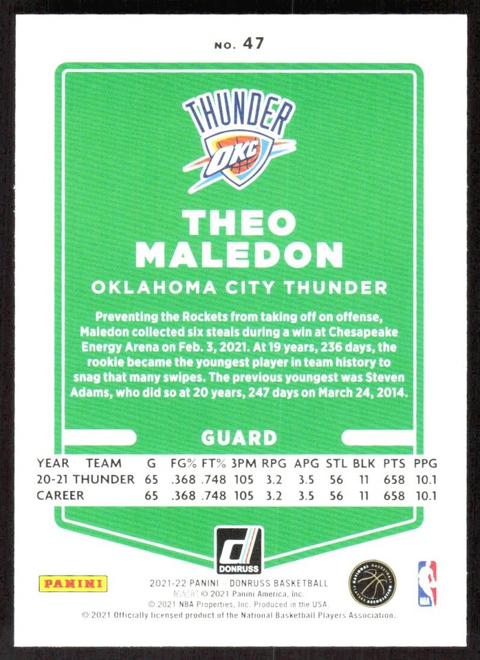 2021-22 9207B Donruss Holo Orange Laser Theo Maledon Oklahoma City ...