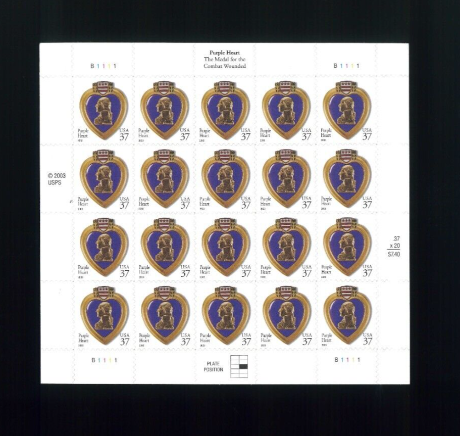 United States 37¢ Purple Heart Postage Stamp #3784 MNH Full Sheet | eBay