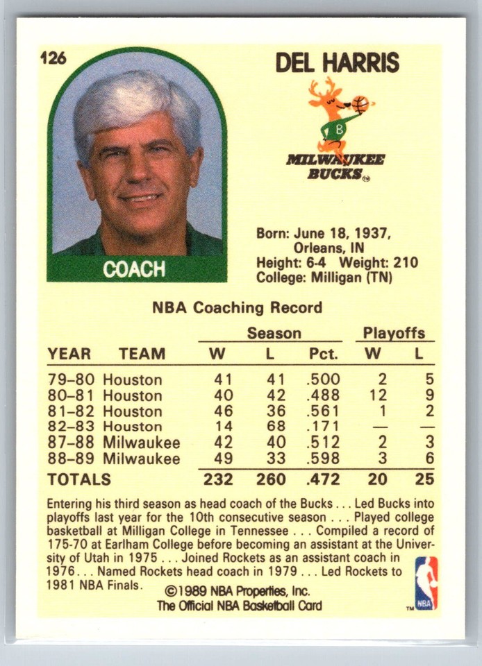 1989-90 NBA Hoops Del Harris Milwaukee Bucks #126 | eBay