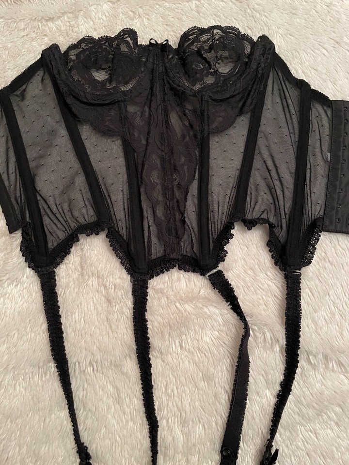 Vtg VANITY FAIR Lace Sheer Mesh Corset Bra Garter Merry Widow 32 XS ...