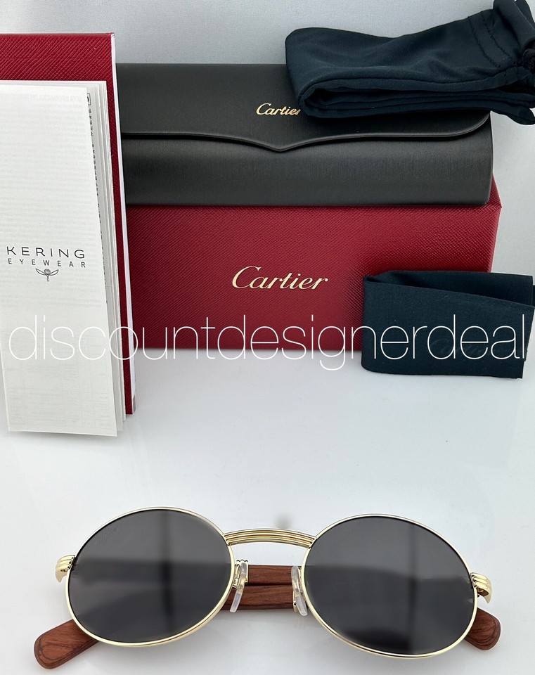 Cartier Oval Sunglasses Yellow Gold Frame Brown Wood Gray Lens CT0464S ...