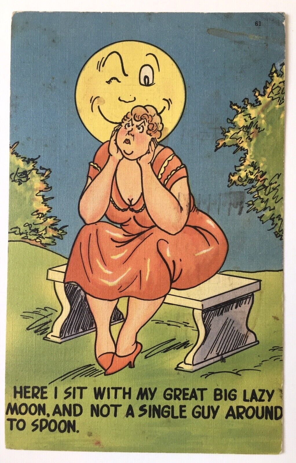Linen post card Fat Woman winking Moon Face Romantic Humor Comic | eBay