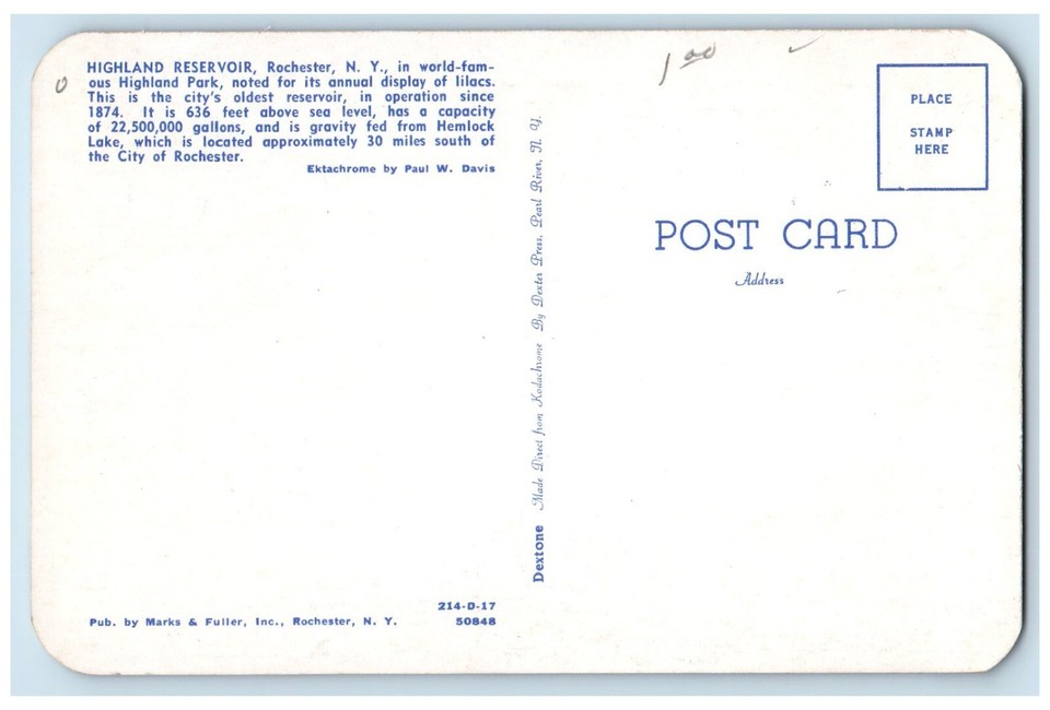 c1960 Highland Reservoir Dock Fountain Garden Lake Rochester New York ...