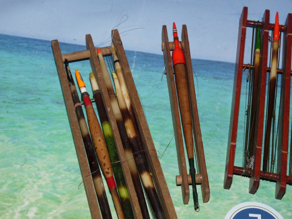 4 English vintage wooden float winders with vintage fishing floats 983 ...