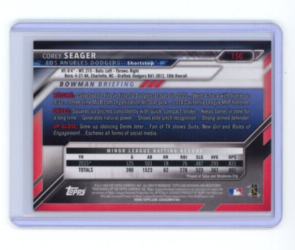 COREY SEAGER 2016 Bowman Baseball Rookie Card #150 Dodgers Rangers RC ...