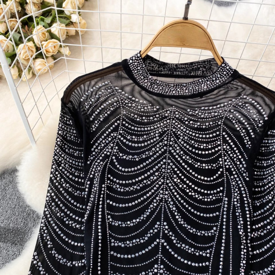 Women Sheer Mesh Crystal Shirts Rhinestone T-shirts Tops Blouse Slim ...