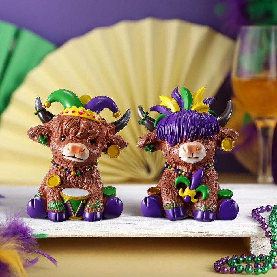 Highland Cow Figurines Mardi Gras Carnival Hand Painted Collectibles 2 ...