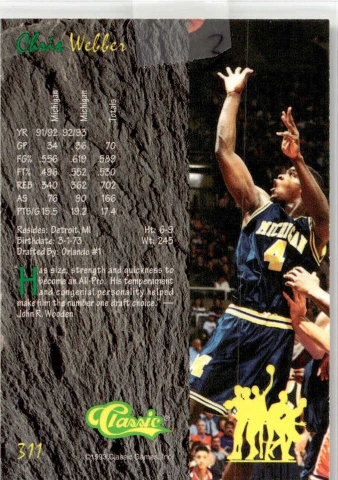 1993-94 Classic Chris Webber Michigan Wolverines #311 | eBay