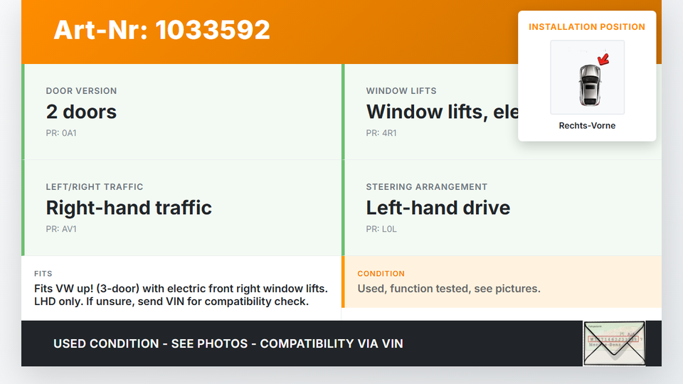 Window lift motor Right Front for VW UP AA 15-23 1S0959802 81TKM ...