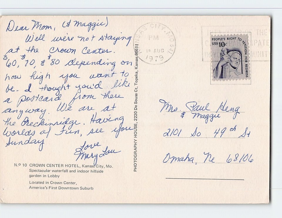 Postcard Water Fall & Hillside Indoor Garden Lobby Crown Center Hotel ...