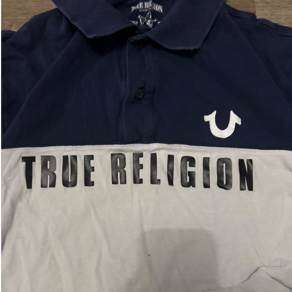 True Religion Men Sport Short Sleeve Polo Shirt Navy White XL TG Logo ...