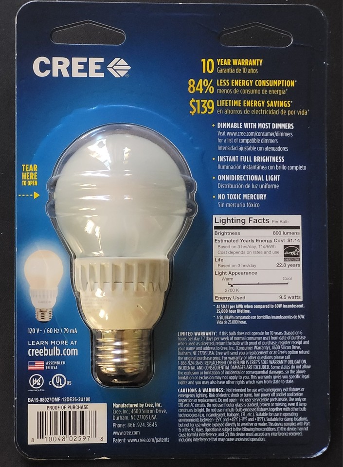 CREE Soft White LED 60W Dimmable Light Bulb 2700K/800 Lumens ...