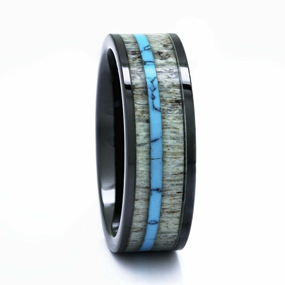 Black Ceramic Deer Antler Ring, Deer Antler and Turquoise Inlay, 8mm ...