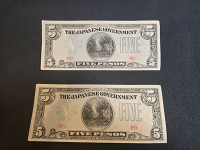 4 Japanese Occ Notes, 2-$5 & 2-$1 Peso, WWII Short Snorter + a War book ...