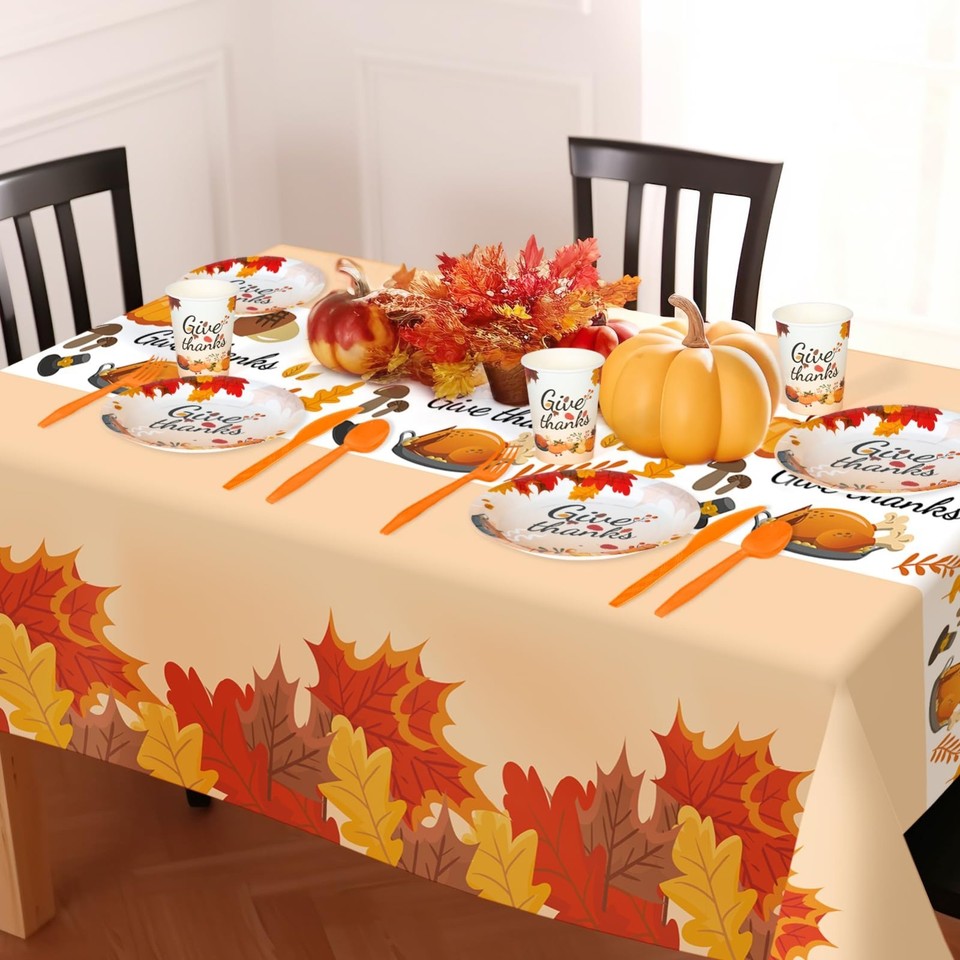 152pcs Thanksgiving Dinnerware Set Plates Cups Utensils Tablecloth for ...
