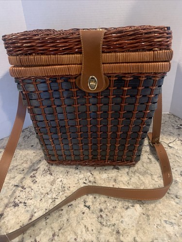 Over The Shoulder Lined Wicker Picnic Basket. Leather Look Strap And ...
