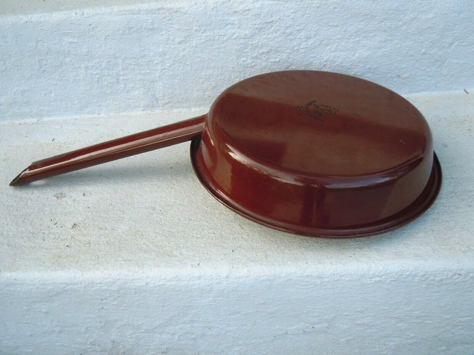 Enamelware Long Handled Frying Pan 10" Brown & White Vintage Cookware ...