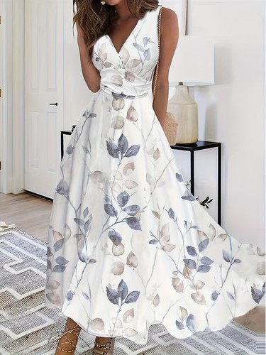 Elegant Leaf Print V-Neck Maxi Dress – Soft & Flowy | eBay