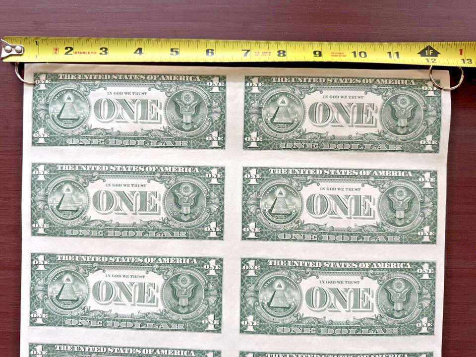 $1 One Dollar Bills Uncut Currency Sheet - Two Columns of Five, 5 Notes ...