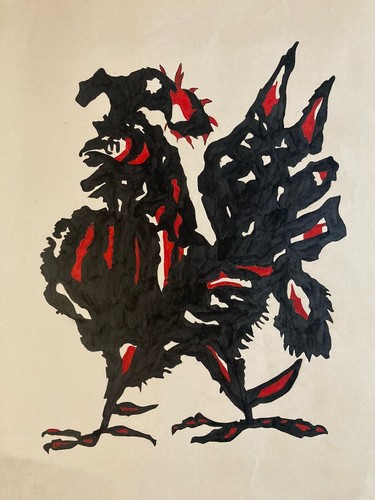 Beautiful Drawing 1970 Rooster Hen Animal Antique Ink Painting to ...