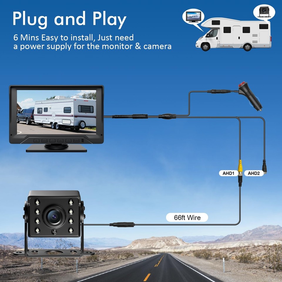 RV Backup Camera Plug and Play, 7'' Backup Camera for Truck Trailer, No ...