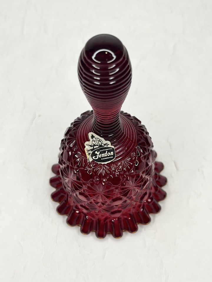 Vtg Fenton Ruby Red Glass Bell Daisy Button Pattern Ribbed Handle ...