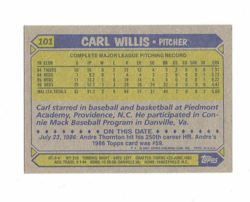 Carl Willis Cincinnati Reds Pitcher #101 Topps 1987 #Baseball Card | eBay