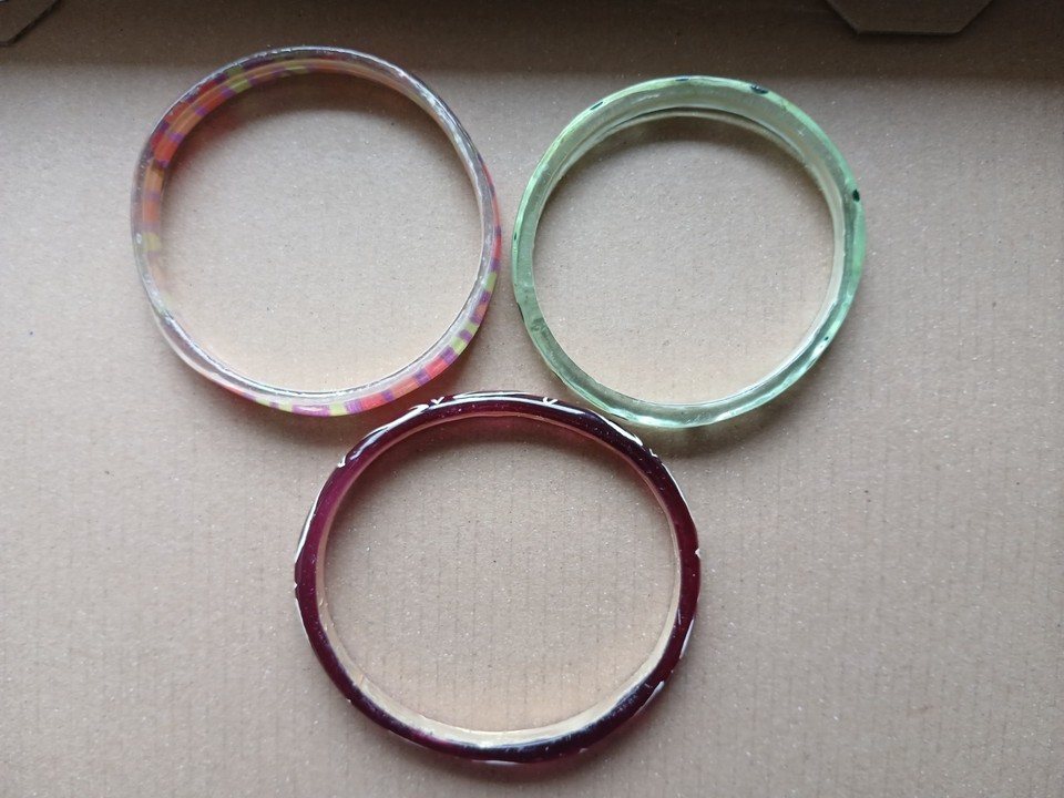 Bangles x 3 multicoloured spots stripes purple green pink red black ...