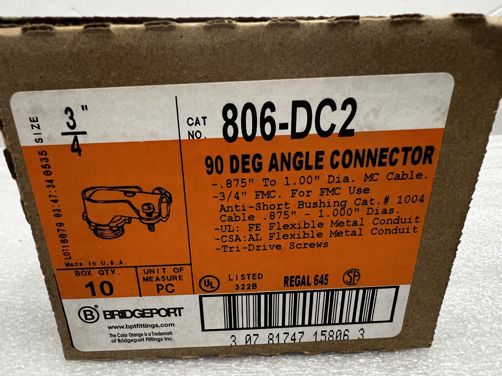 BRIDGEPORT 806-DC2 Conduit Connector Flex 90° Zinc Die Cast 3/4 in ...