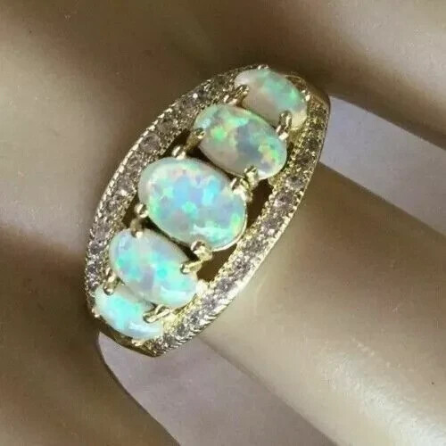 4.5Ct Oval Cut 5-Stone Lab Created Fire Opal Wedding Band 14K Yellow ...
