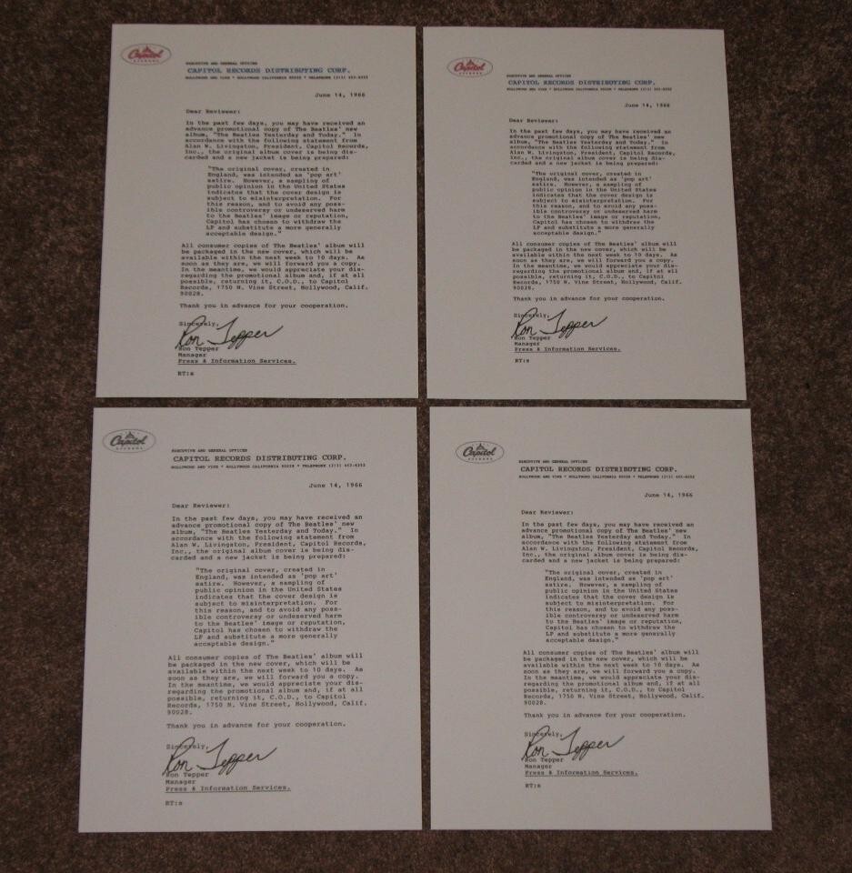 The Beatles Butcher Cover Recall Letter(s), 2 color & 2 B&W, Yesterday ...