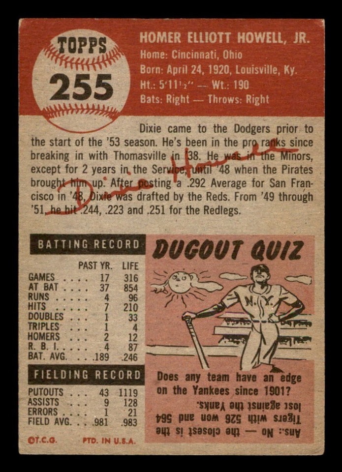 1953 Topps Baseball #255 Dixie Howell (Short print) VG/EX *i1 | eBay