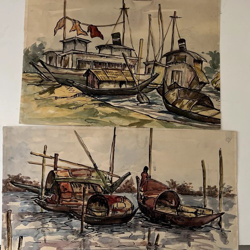 VTG Pair Watercolor Paintings Ink Pencil Moored Asian Fishing Boats ...