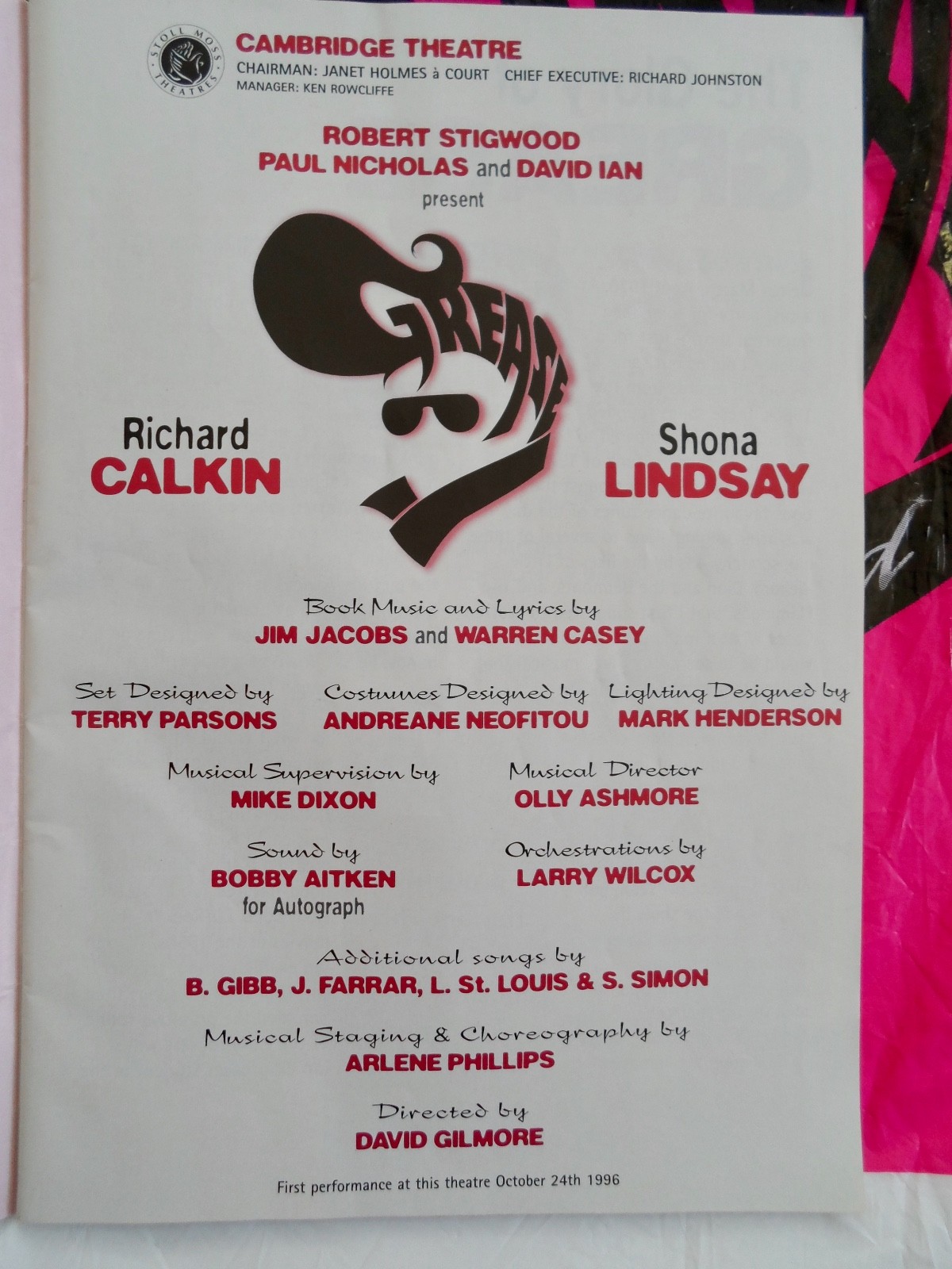 GREASE is the WORD - PROGRAMME - CAMBRIDGE THEATRE Jan 96 Richard ...
