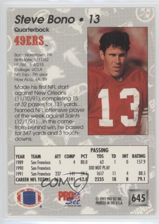 1992 Pro Set Steve Bono #645 Rookie RC | eBay