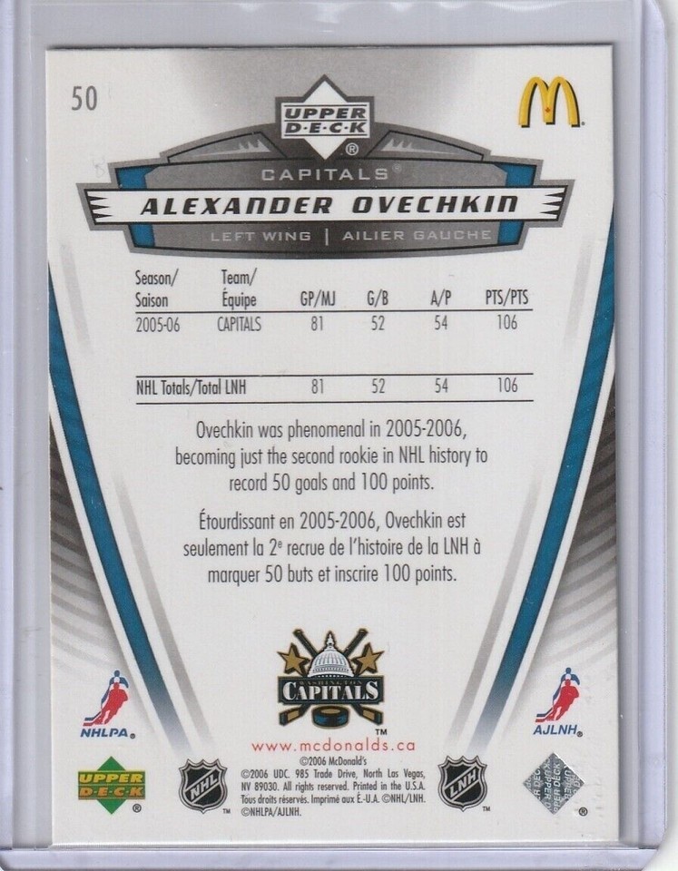 2006-07 Upper Deck McDonalds Alex Ovechkin 2nd Year # 50 Washington ...