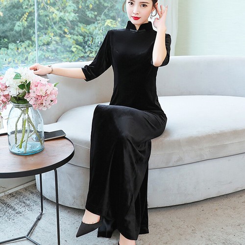 Chinese Retro Luxury Wedding Party Prom Cheongsam Plain Velvet Maxi ...