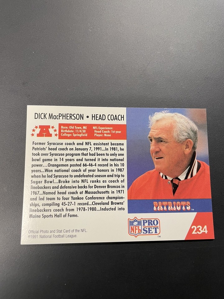 1991 Pro Set Football Card #234 Dick MacPherson CO | eBay