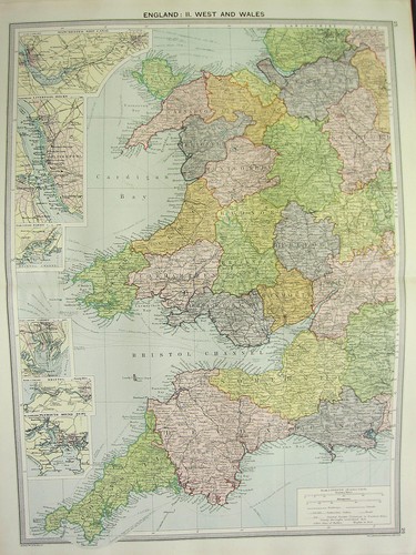 1920 LARGE MAP ~ ENGLAND WEST & WALES ~ CORNWALL LIVERPOOL MANCHESTER ...