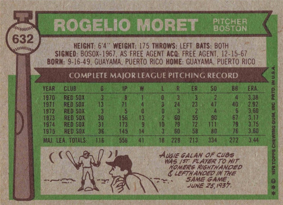 Rogelio Moret Boston Red Sox 1976 Topps Baseball Card #632 | eBay