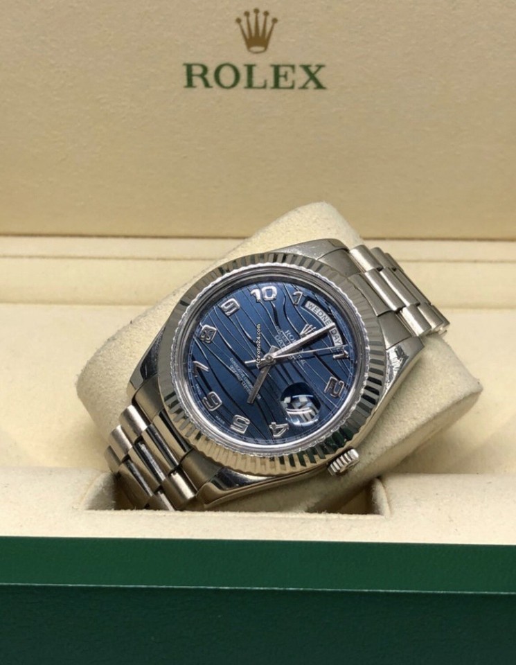 Rolex Day Date II President Blue Wave Arabic 18kt White Gold Fluted ...