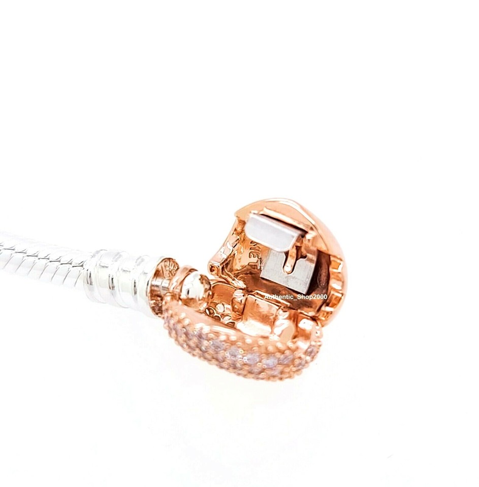 NEW Authentic PANDORA Rose Gold Sil CZ Pave Heart Clasp Charm Bracelet ...
