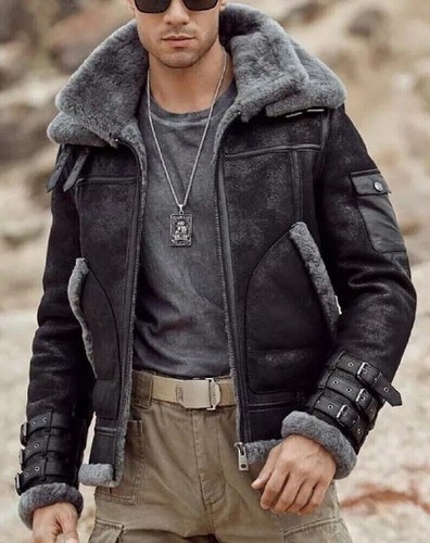 B3 Black Men' Bomber RAF Flying Aviator Fur Irvin Real Shearling ...